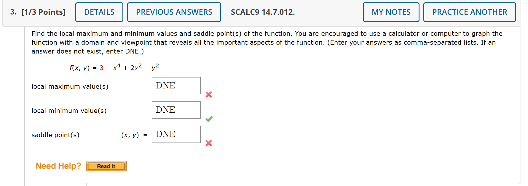 Solved 3. [1/3 Points] SCALC9 14.7.012. Find the local | Chegg.com