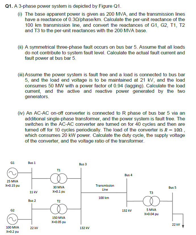Solved Q1. A 3-phase power system is depicted by Figure Q1. | Chegg.com