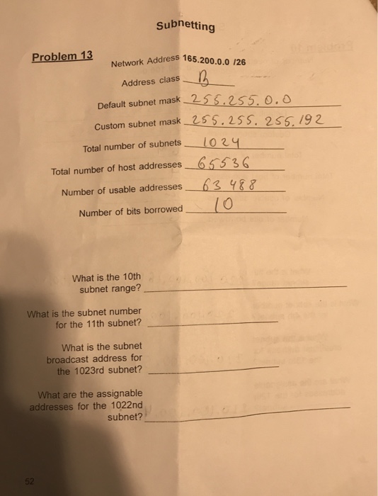 Solved Subnetting k Address 165.200.0.0 126 Address class | Chegg.com
