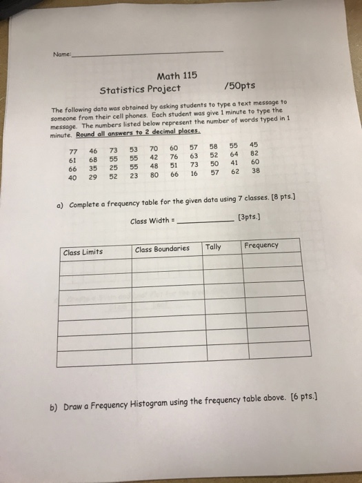 Solved Name: Math 115 Statistics Project /50pts The | Chegg.com