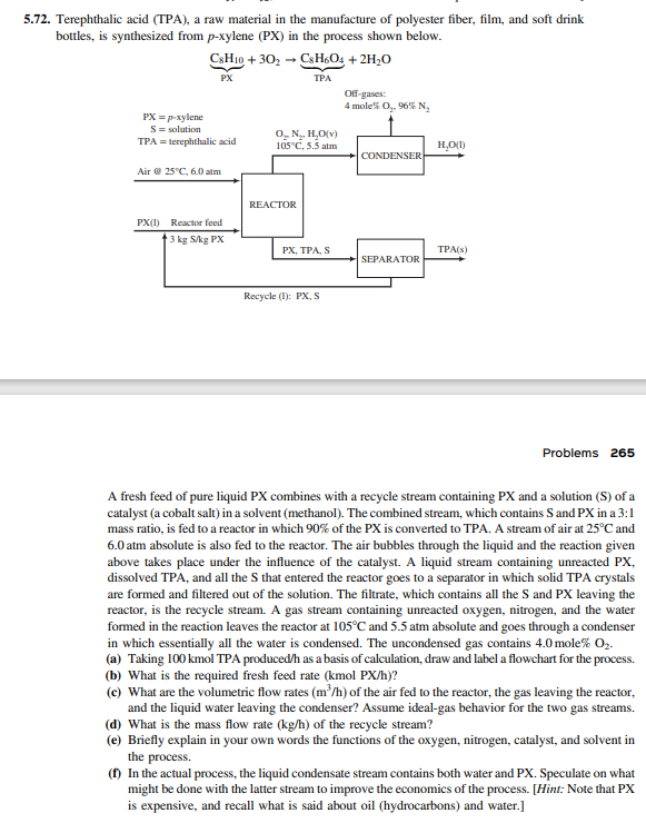 Solved 5.72. Terephthalic acid (TPA), a raw material in the | Chegg.com