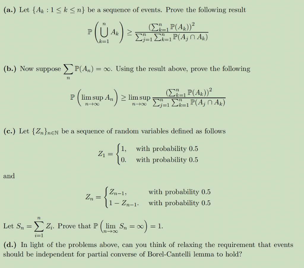 (a.) Let {Ak:1≤k≤n} be a sequence of events. Prove | Chegg.com