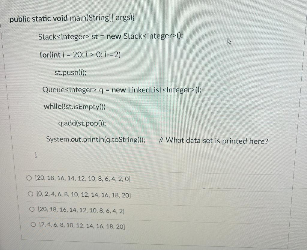Solved Public Static Void Main String Args Stack St Chegg