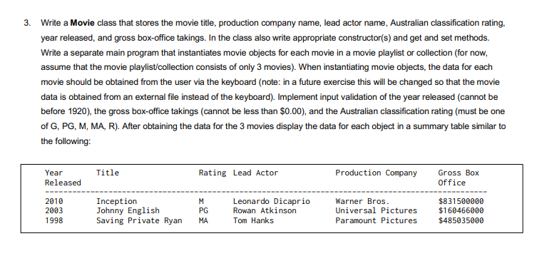 Solved 3. Write a Movie class that stores the movie title, | Chegg.com