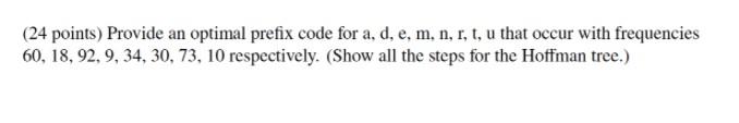 Solved (24 points) Provide an optimal prefix code for a, d, | Chegg.com