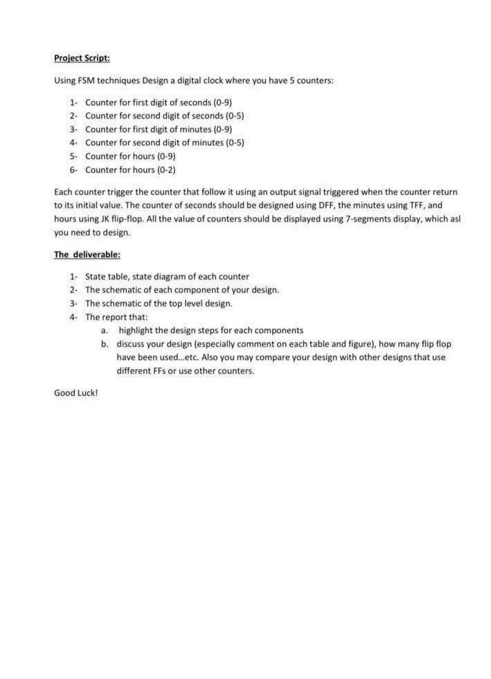 Solved Project Script: Using FSM techniques Design a digital | Chegg.com