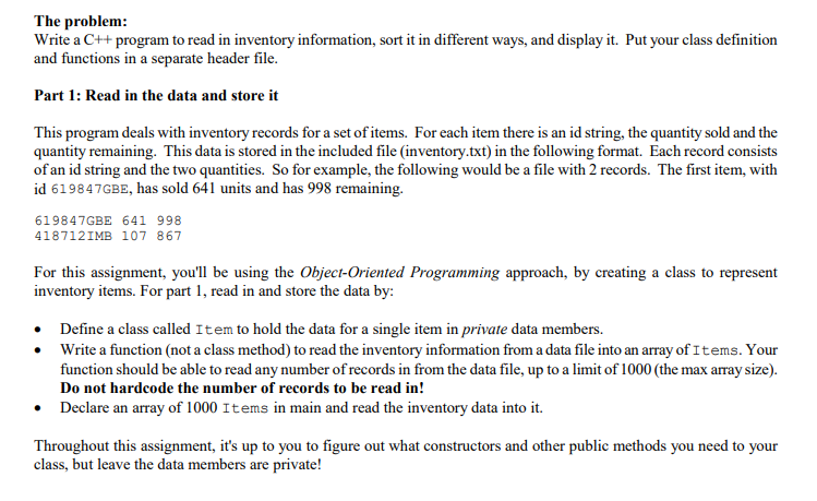 Solved The problem: Write a C++ program to read in inventory | Chegg.com