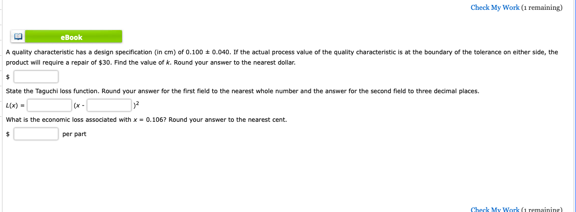 Solved Check My Work (1 remaining) A quality characteristic | Chegg.com