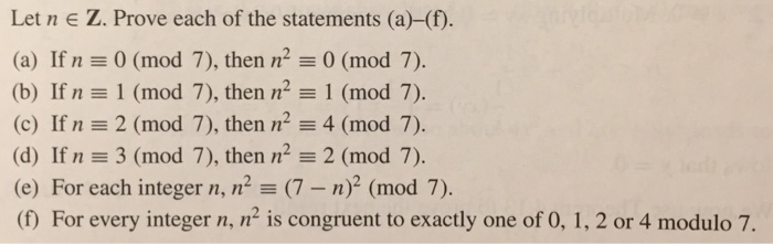 Solved Let n e Z. Prove each of the statements (a)-(f). (a) | Chegg.com