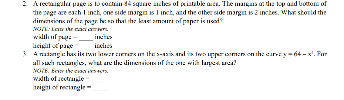 Solved 2. A rectangular page is to contain 84 square inches | Chegg.com