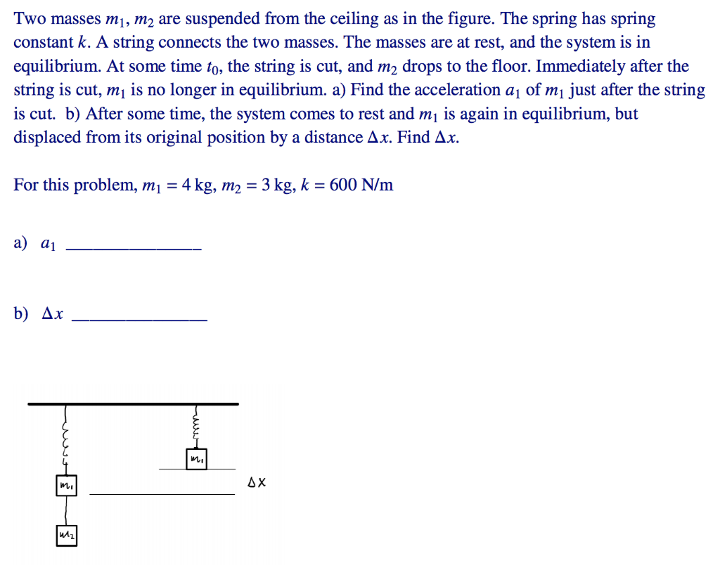 Solved Two masses mı, m2 are suspended from the ceiling as | Chegg.com