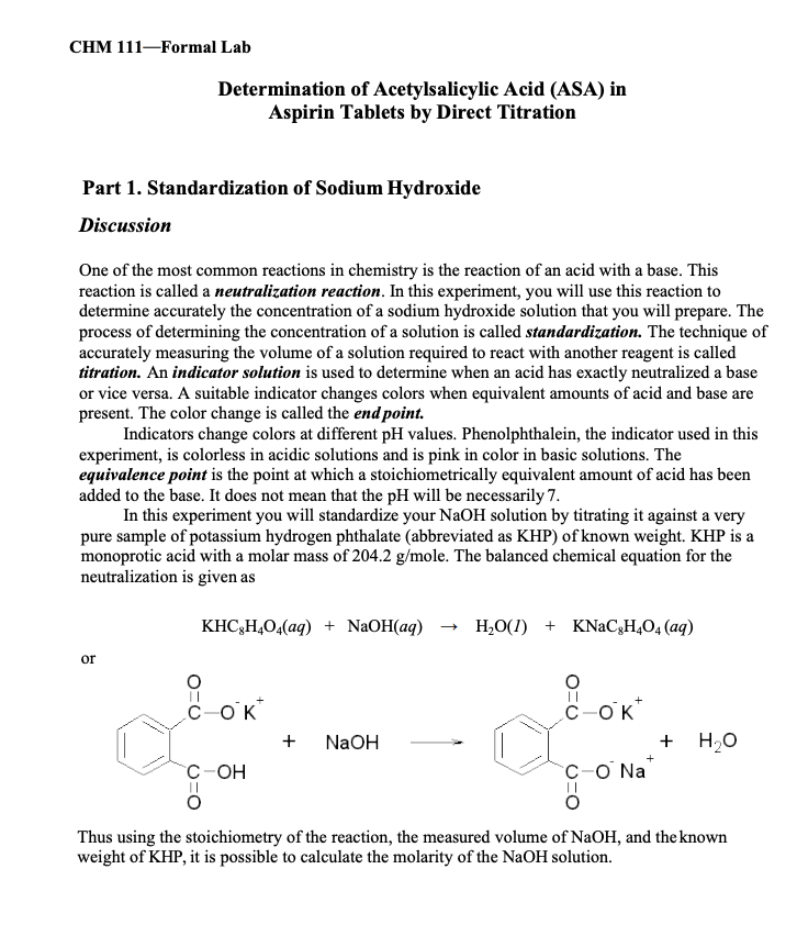 CHM 111-Formal Lab Determination of Acetylsalicylic | Chegg.com