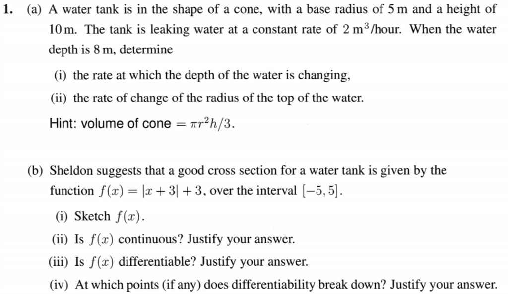 Solved 1. (a) A water tank is in the shape of a cone, with a | Chegg.com