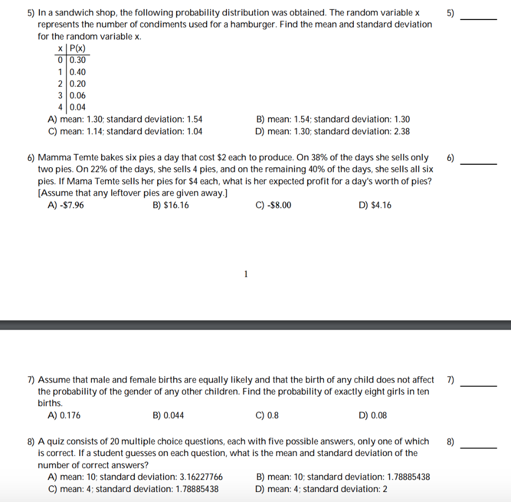 Solved 5) In a sandwich shop, the following probability | Chegg.com