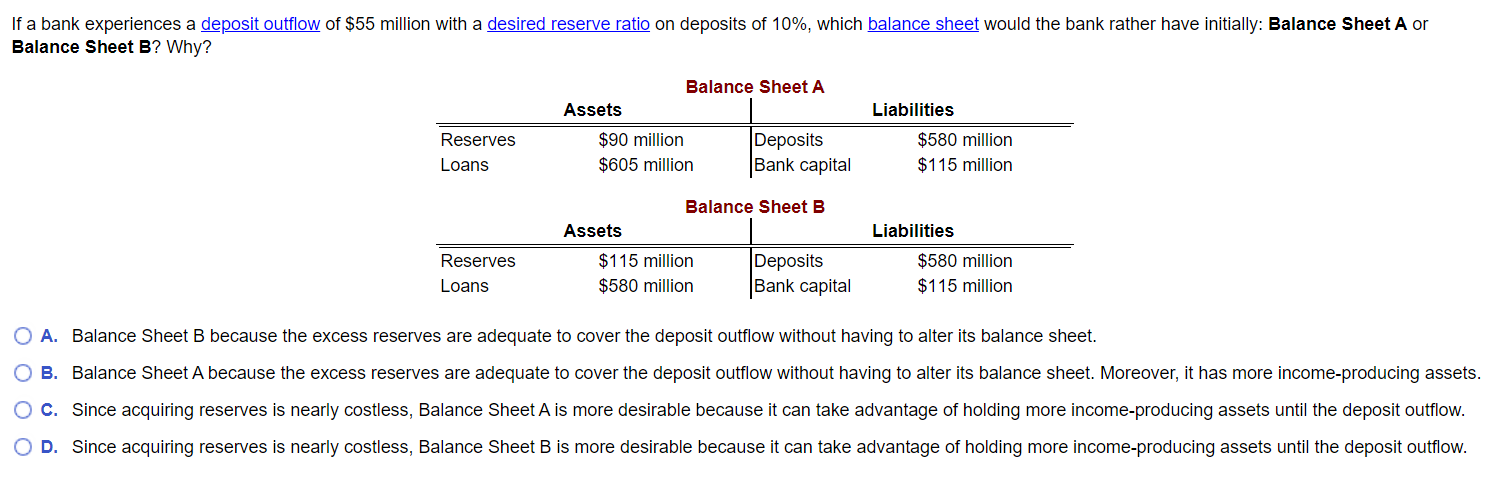 Solved a bank experiences a deposit outflow of $55 million | Chegg.com
