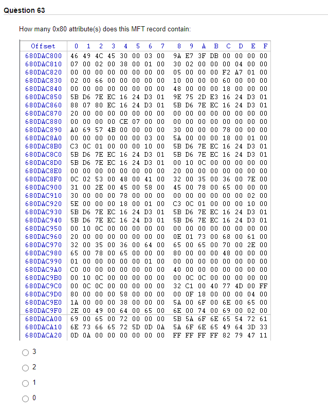 Solved Question 63 How many 0x80 attribute(s) does this MFT | Chegg.com