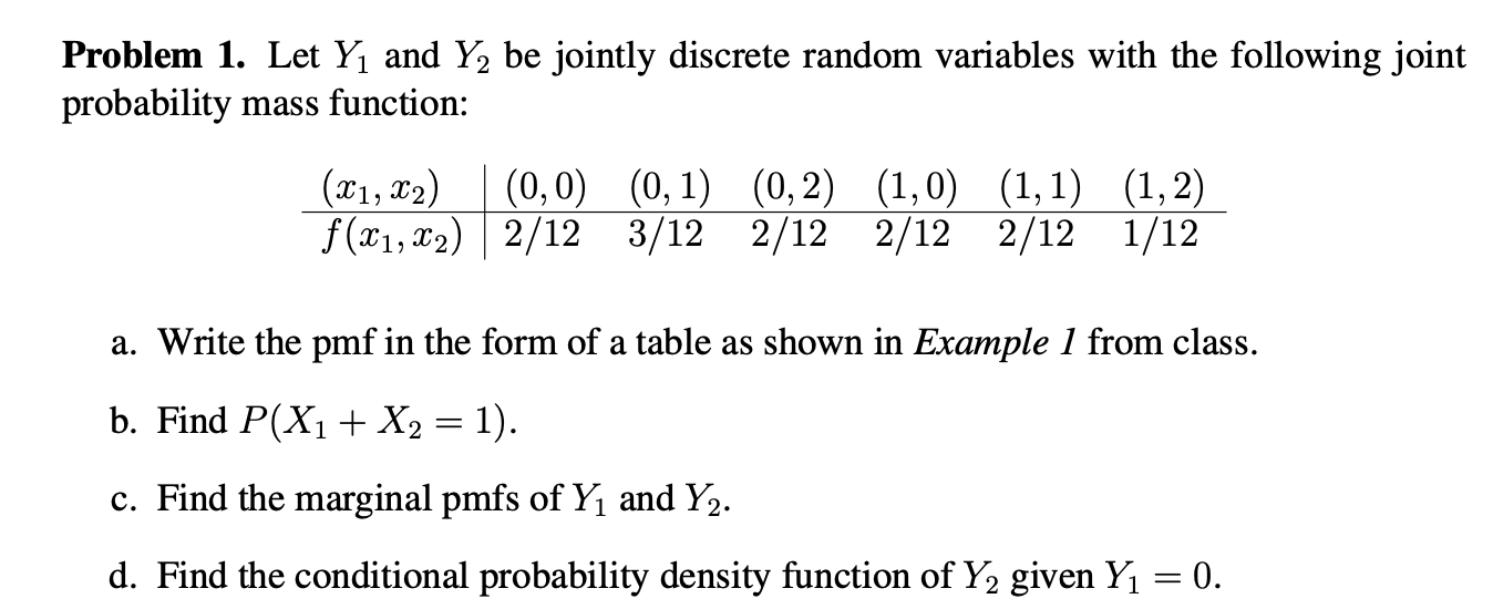 Solved Problem 1. Let Y1 and Y2 be jointly discrete random | Chegg.com