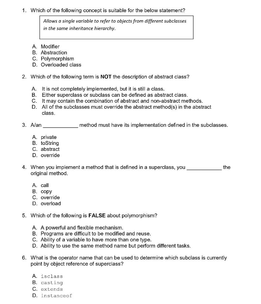 Solved 1. Which of the following concept is suitable for the | Chegg.com