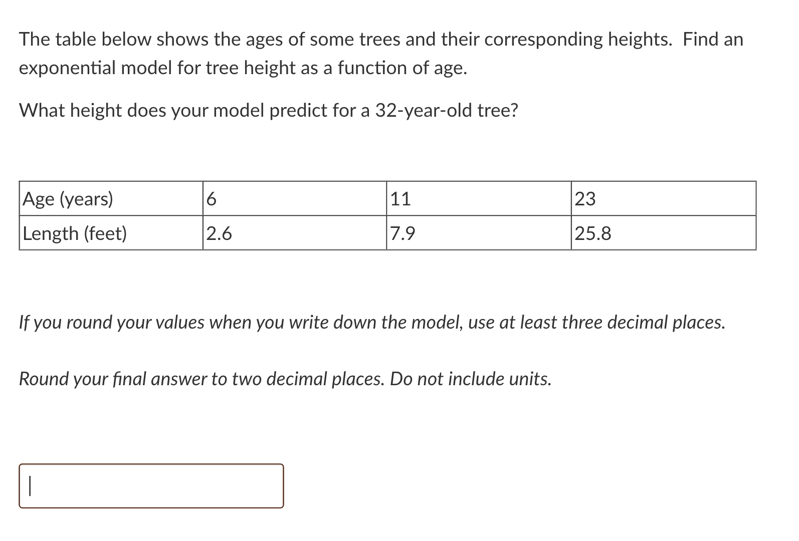 Solved The table below shows the ages of some trees and | Chegg.com