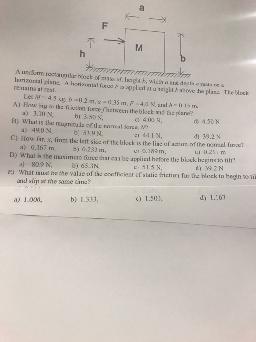 Solved A uniform rectangular block of mass M, height b, | Chegg.com