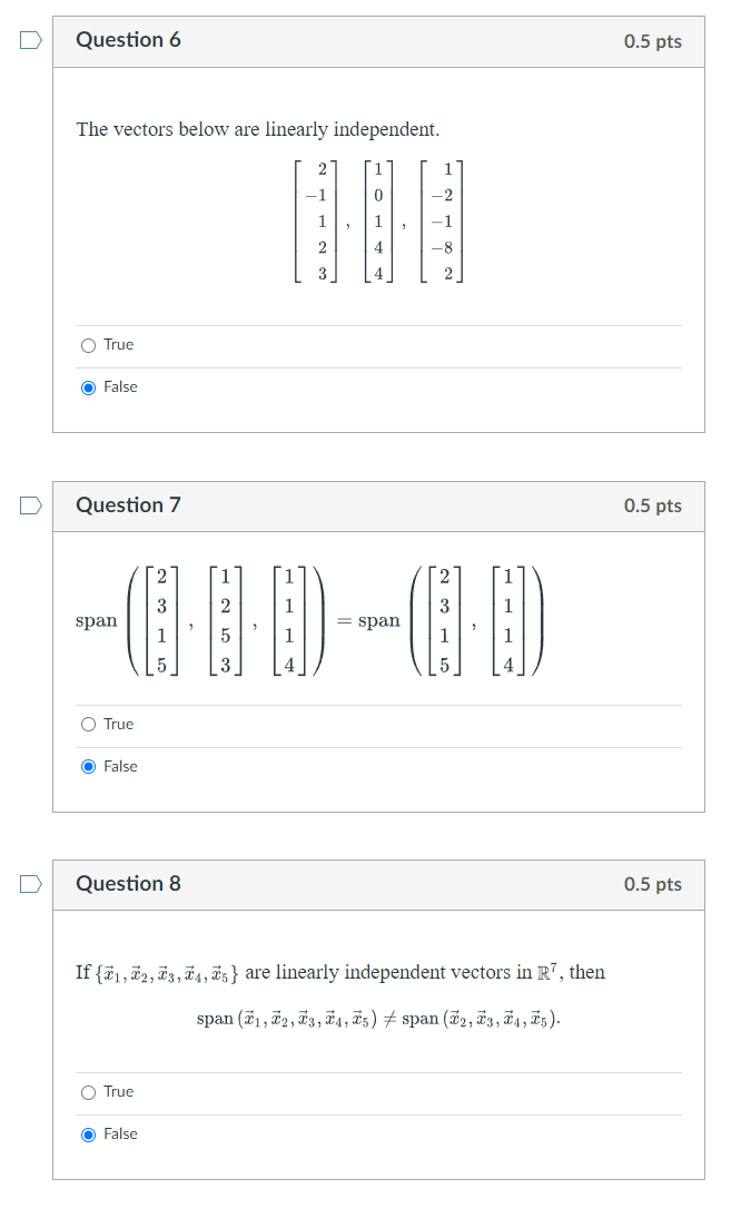 Solved The vectors below are linearly independent. | Chegg.com