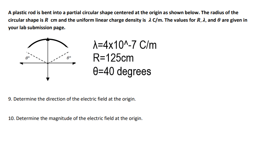 Solved A plastic rod is bent into a partial circular shape | Chegg.com