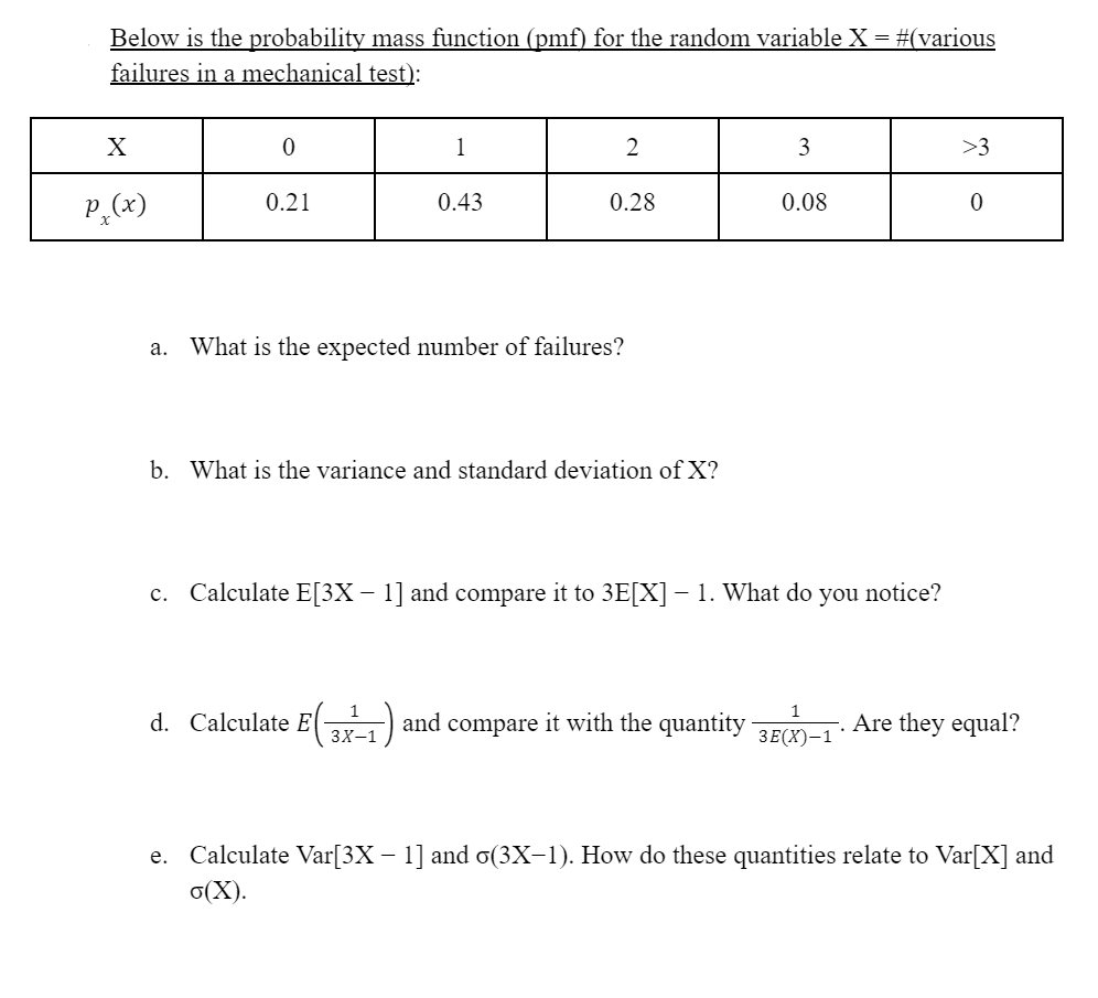 Solved Below is the probability mass function (pmf) for the | Chegg.com