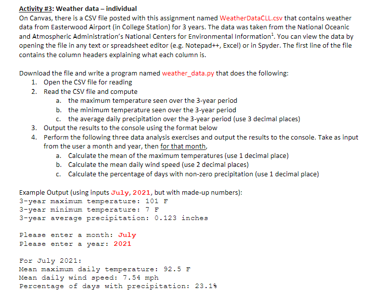 Solved Activity \#3: Weather data - individual On Canvas, | Chegg.com