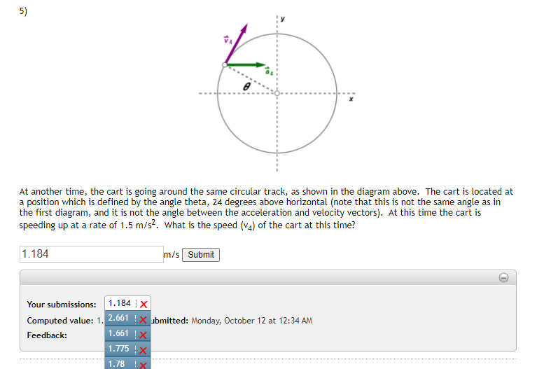 Solved A cart is moving around a circular track with varying | Chegg.com