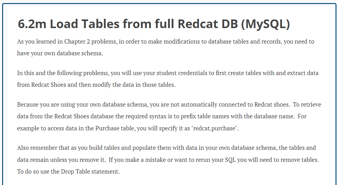 Solved 6.2m Load Tables from full Redcat DB (MySQL) As you | Chegg.com