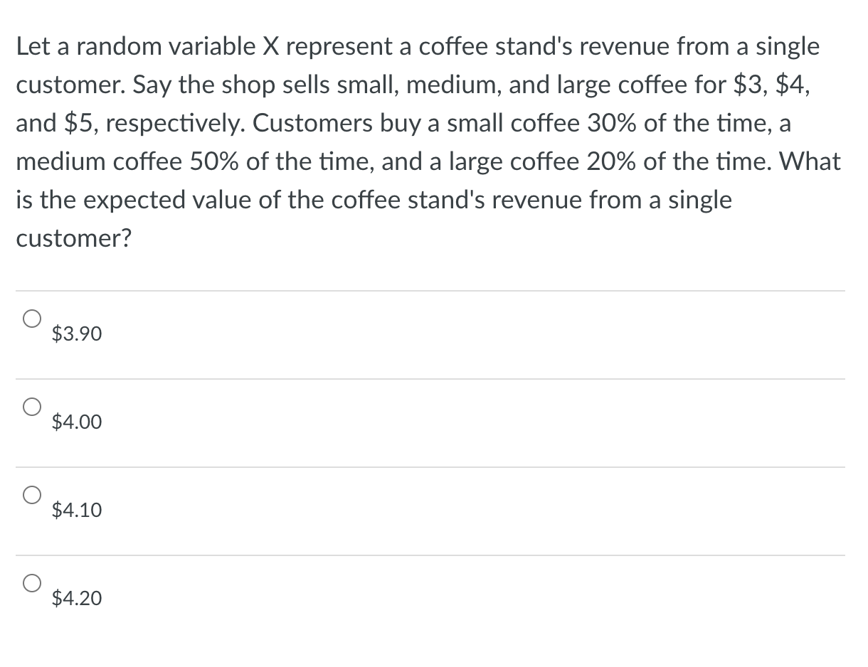 Solved Let a random variable X represent a coffee stand's | Chegg.com
