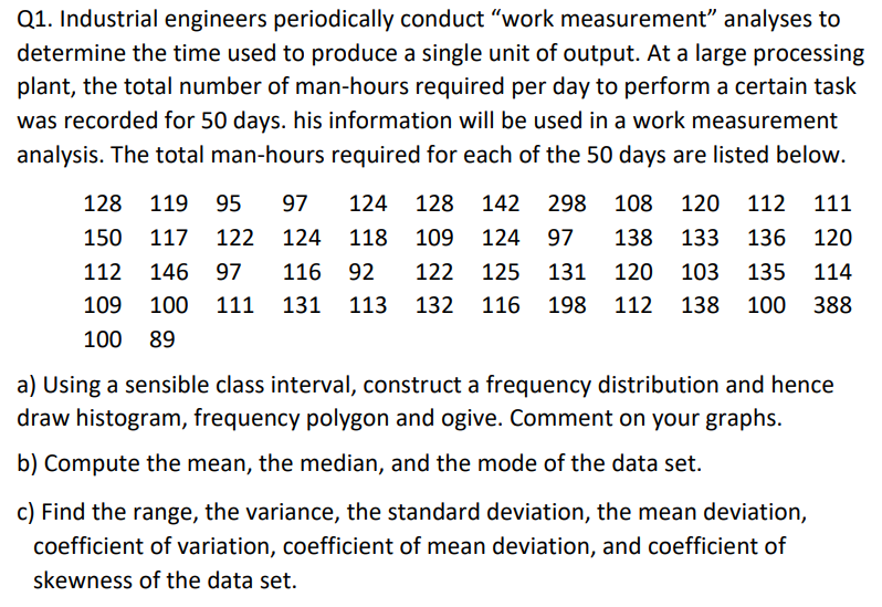 Solved Use Excel to calculate different statistical | Chegg.com