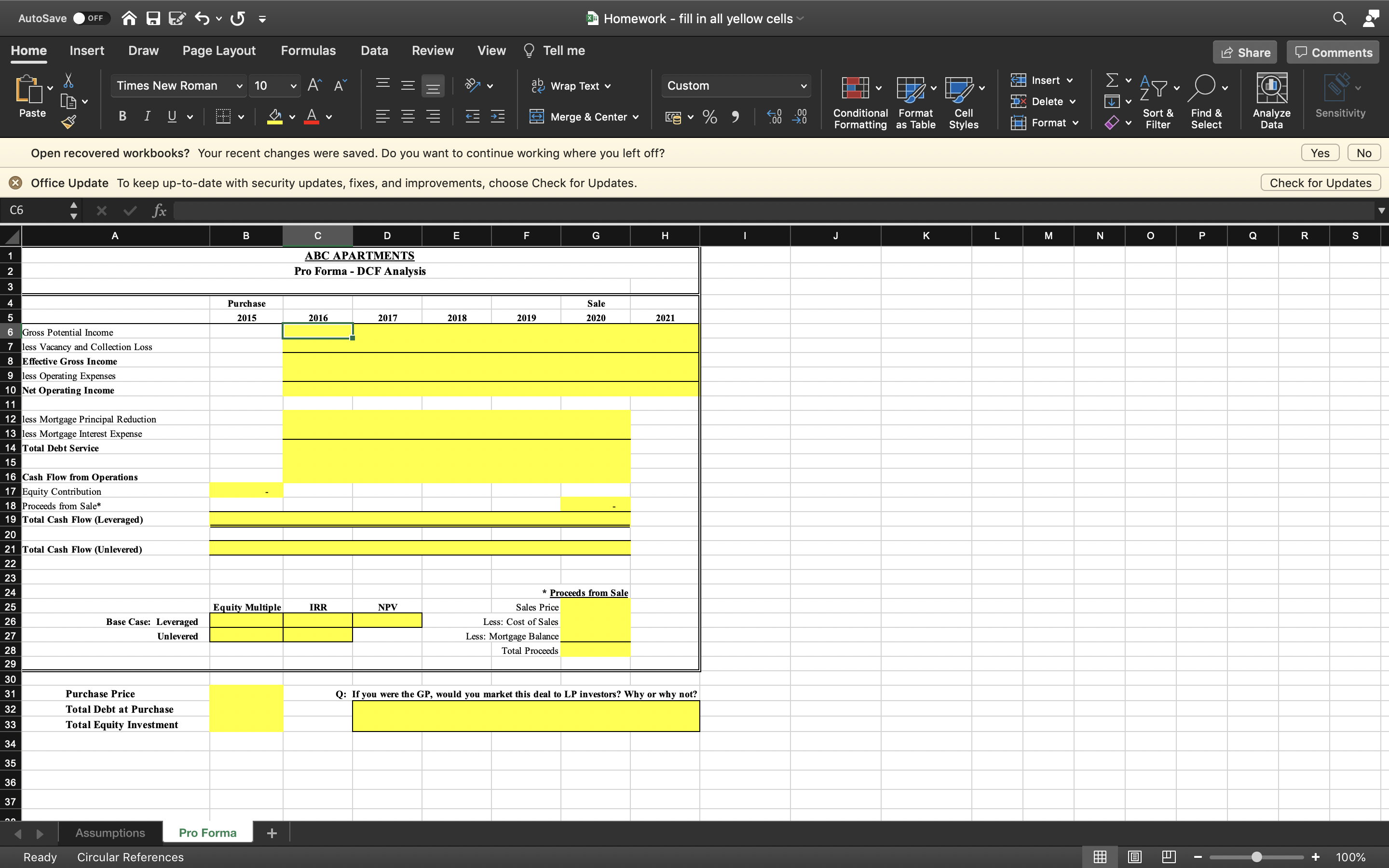 Homework - fill in all yellow cells Open recovered | Chegg.com