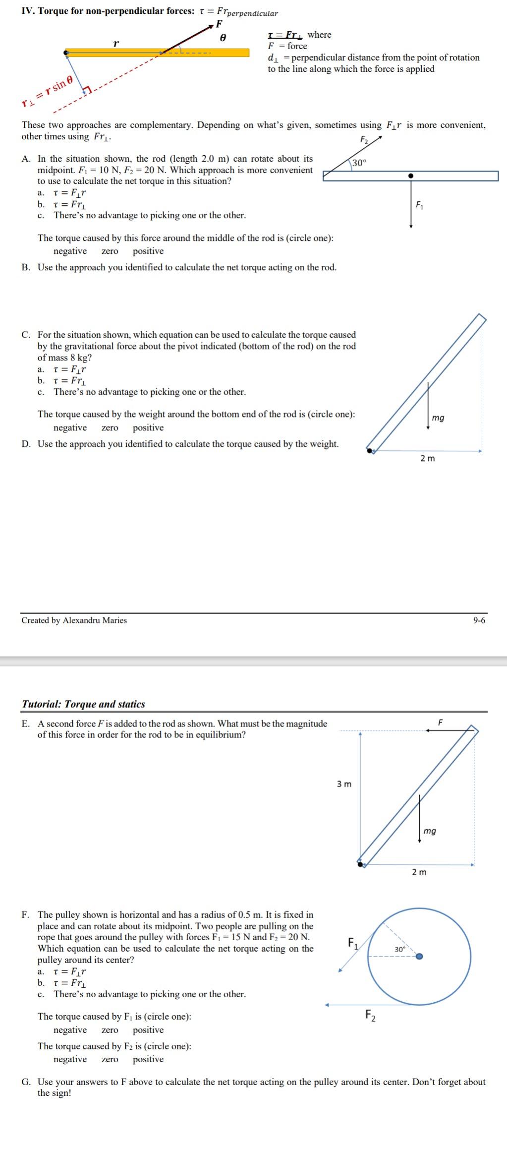 Solved IV. Torque for non-perpendicular forces: T = | Chegg.com
