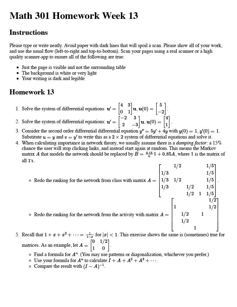 Solved Math 301 Homework Week 13 Instructions Please type or | Chegg.com