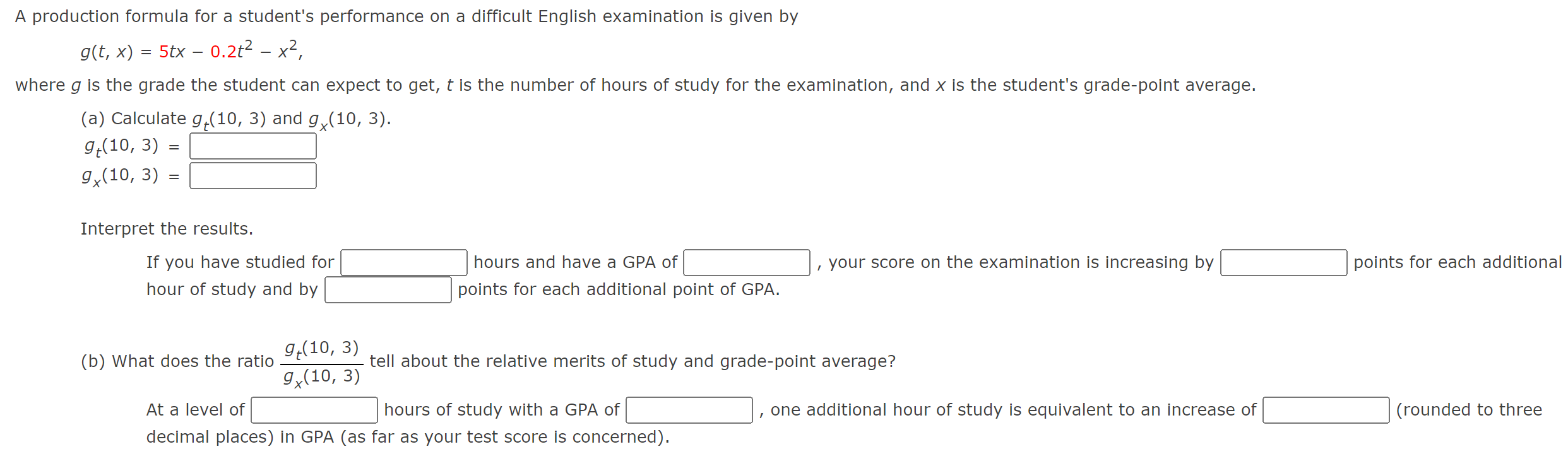Solved production formula for a student's performance on a | Chegg.com