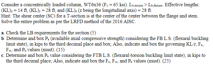Solved Consider a concentrically loaded column, WT6x36 (Fy = | Chegg.com