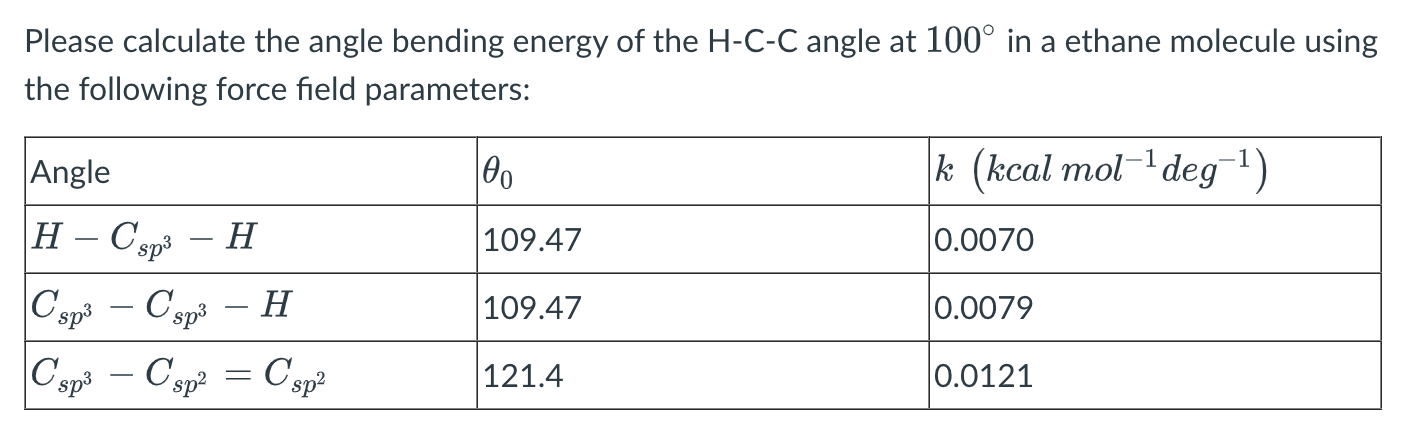 Solved Please calculate the angle bending energy of the | Chegg.com