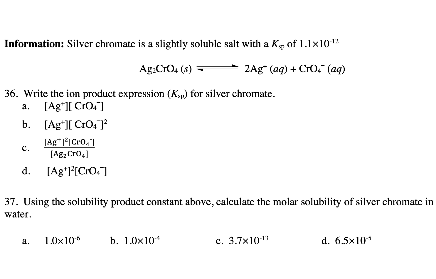 Solved Information: Silver chromate is a slightly soluble | Chegg.com
