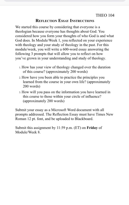 THEO 104 REFLECTION ESSAY INSTRUCTIONS We started | Chegg.com
