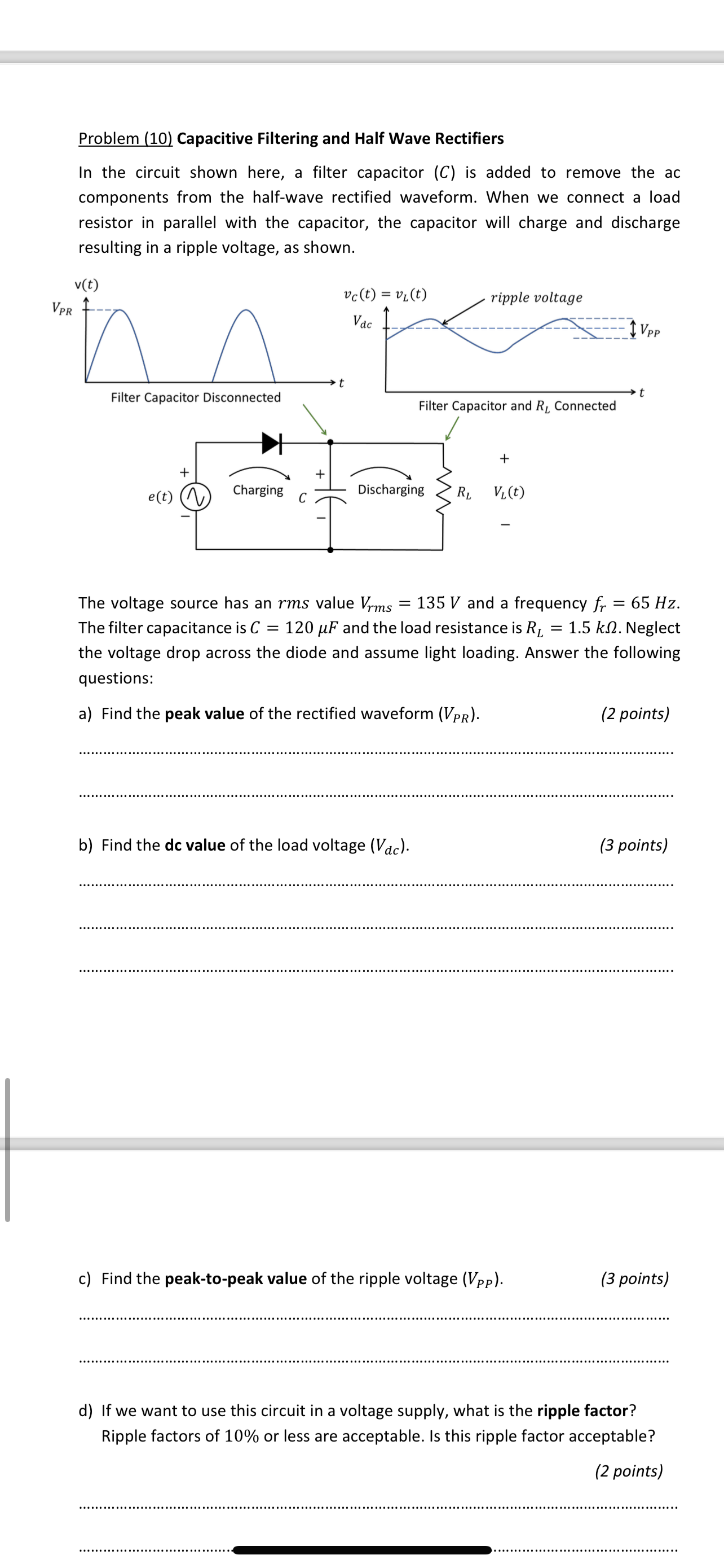 Solved Problem 10 Capacitive Filtering And Half Wave