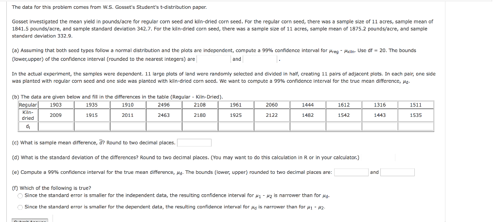 Solved The data for this problem comes from W.S. Gosset's | Chegg.com