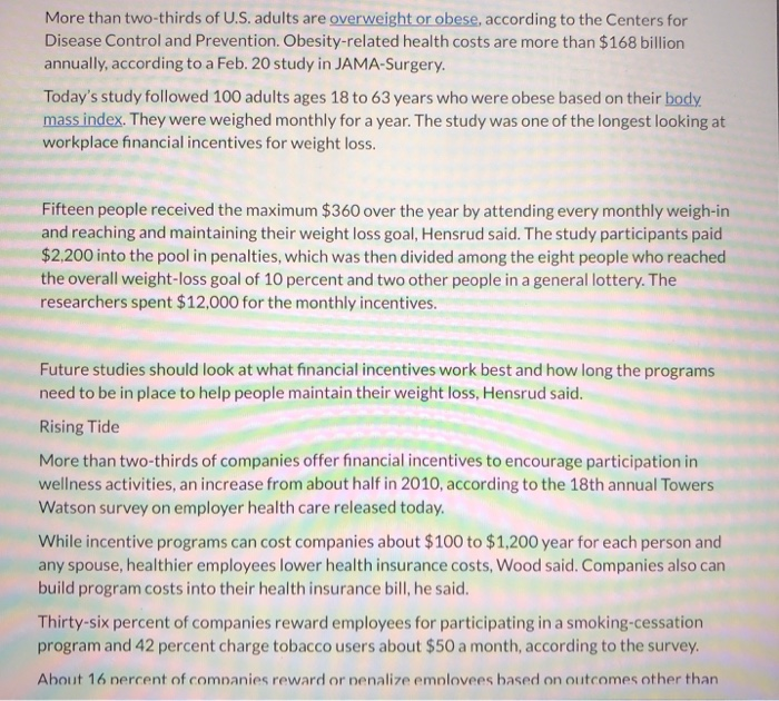 Solved Cash Incentives Help People Lose Weight, Researchers | Chegg.com