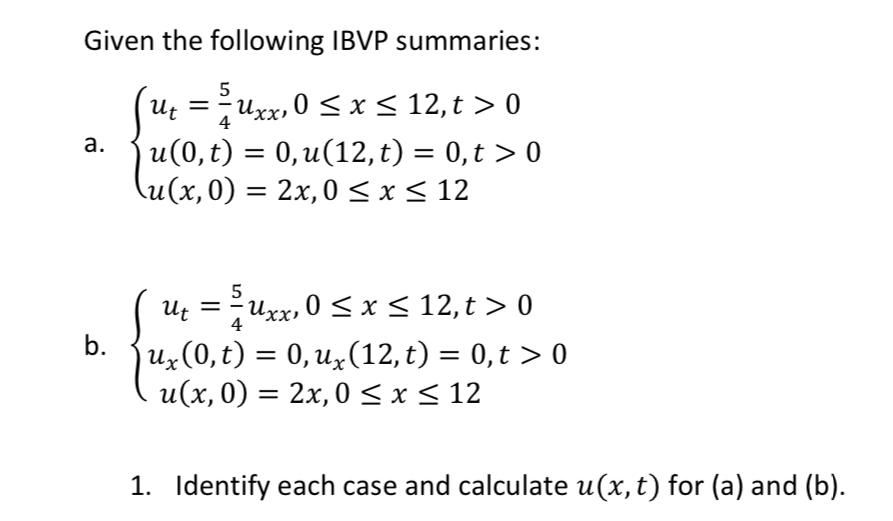 Solved Given the following IBVP summaries: 5 4 a. Ut = -Uxx, | Chegg.com