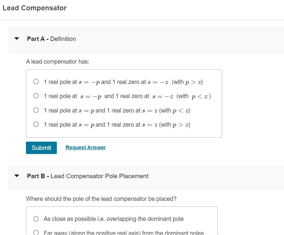 Solved Lead Compensator Part A - Definition A lead | Chegg.com