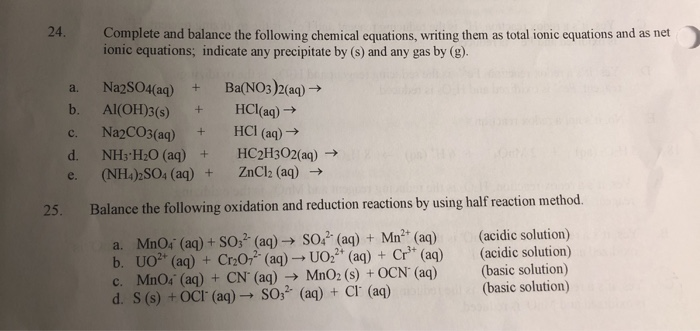 Solved 24. Complete and balance the following chemical | Chegg.com