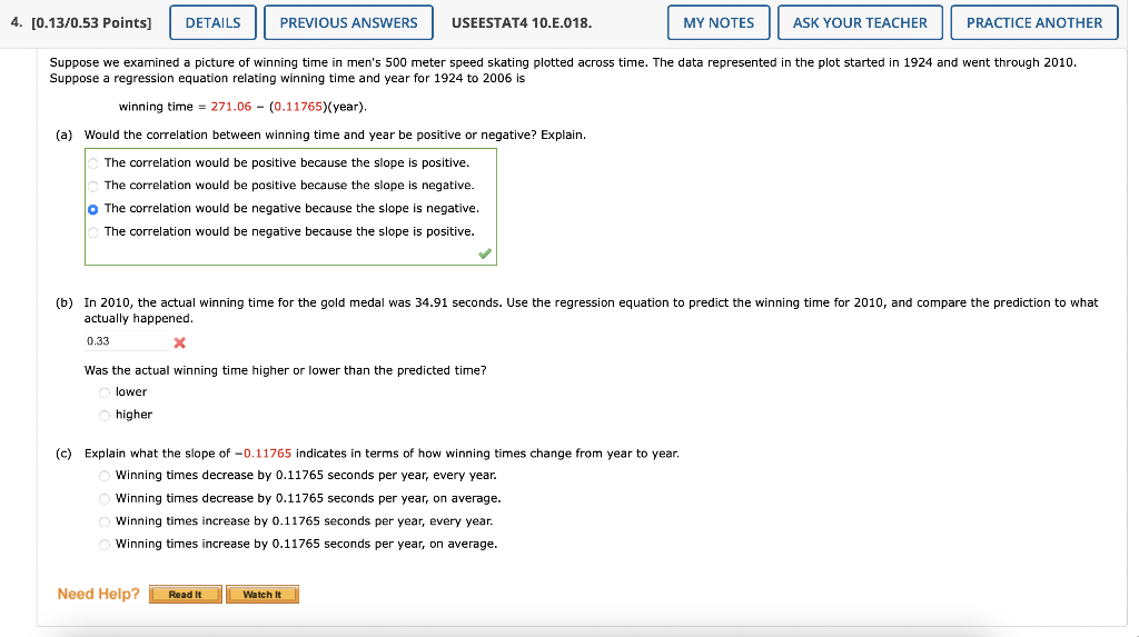 Solved Suppose a regression equation relating winning time | Chegg.com