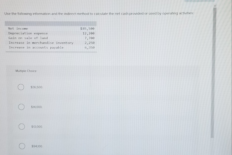 Solved Use the following information and the indirect method | Chegg.com