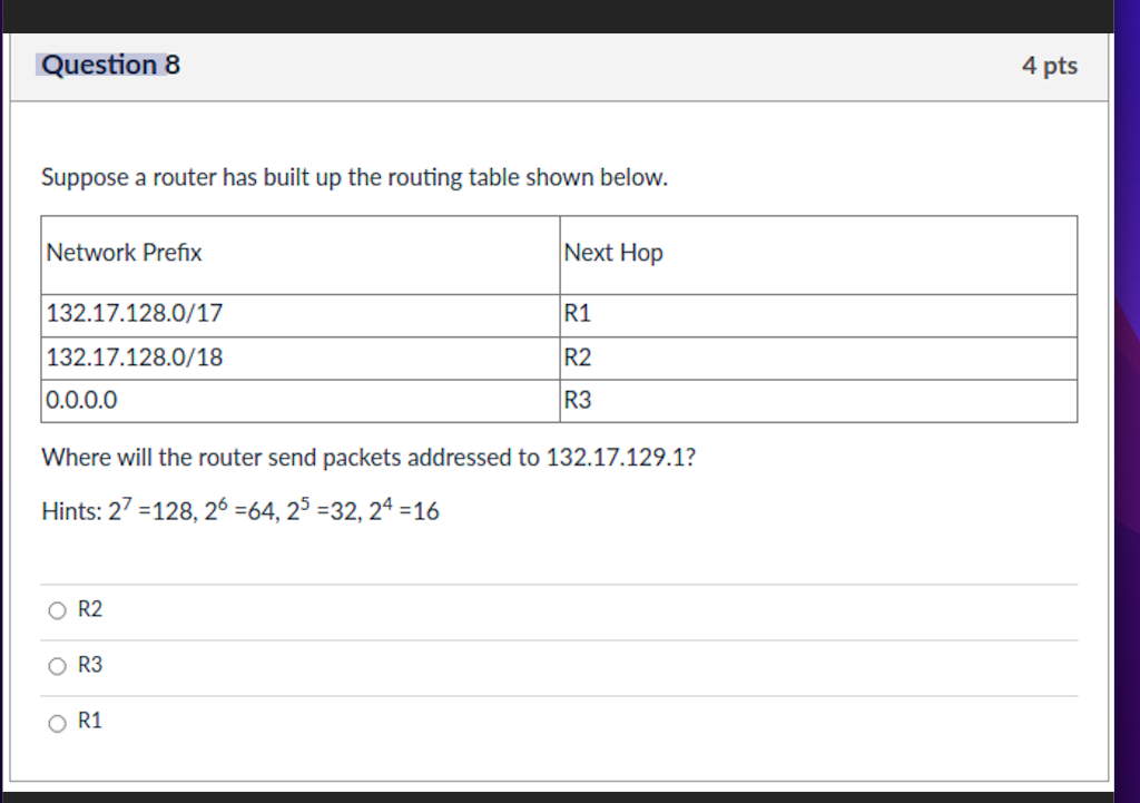 Solved Question 8 4 pts Suppose a router has built up the | Chegg.com