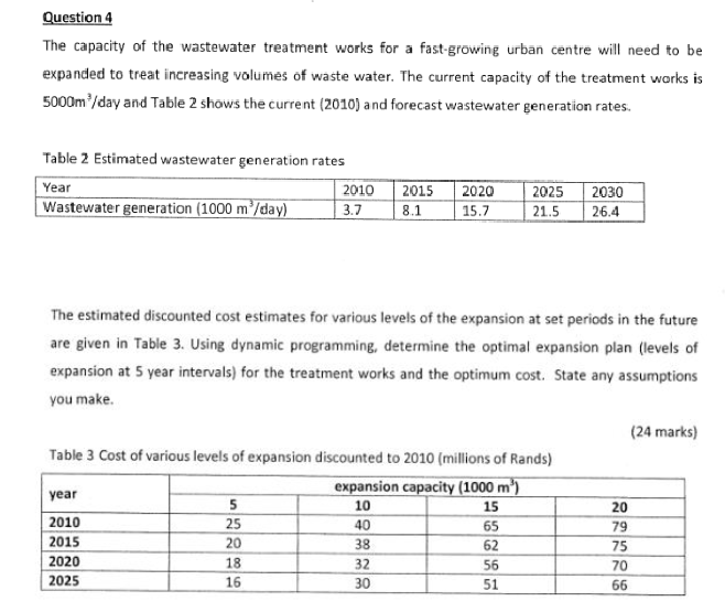 Question 4 The capacity of the wastewater treatment | Chegg.com